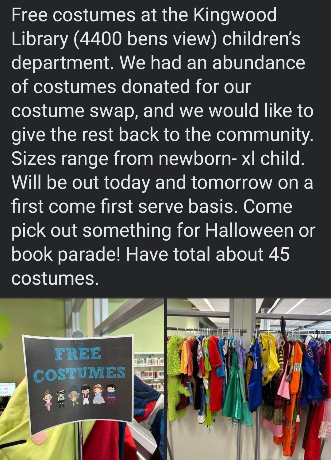 Free kids costumes at Kingwood Library.