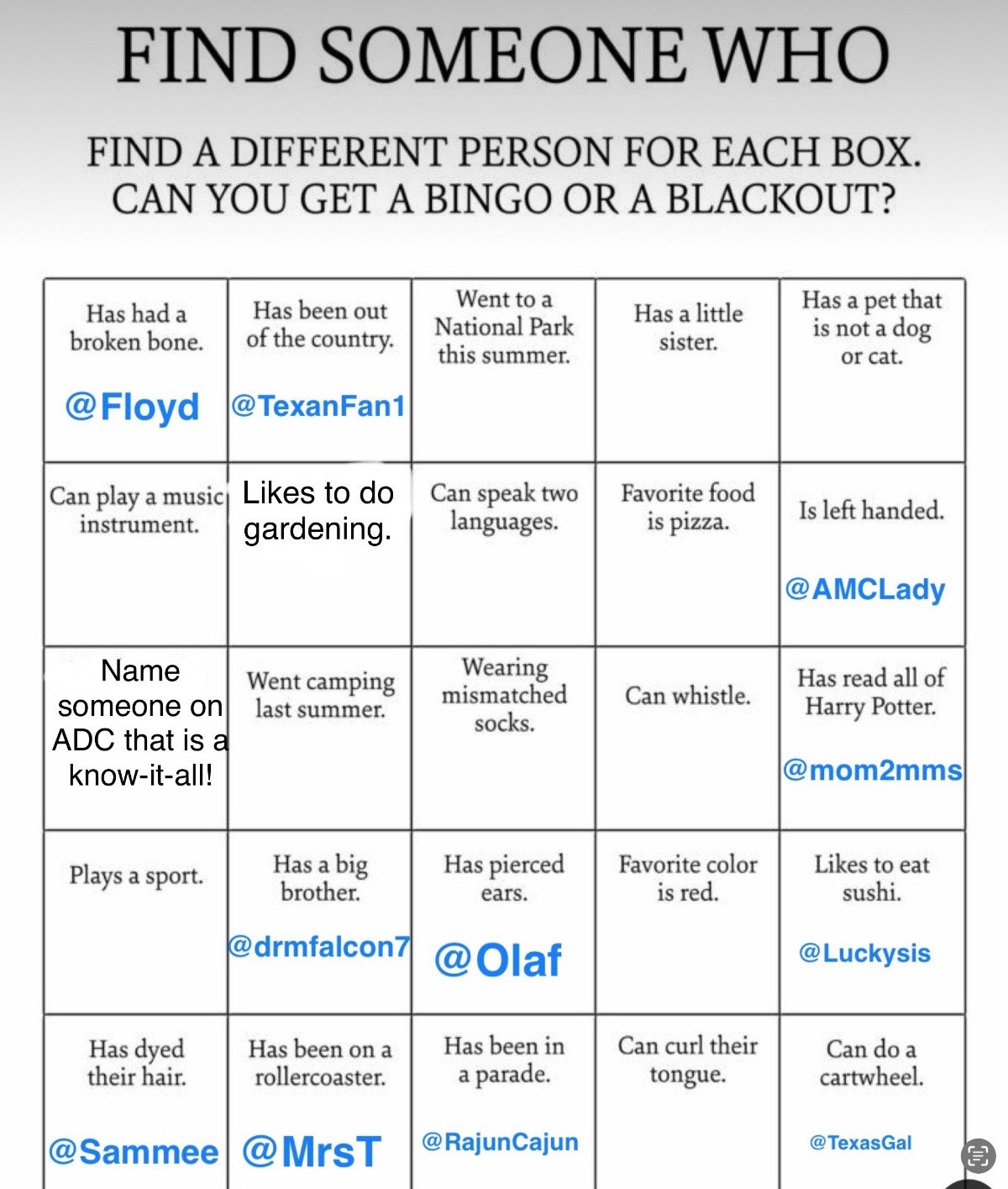 Help me fill this Bingo card up