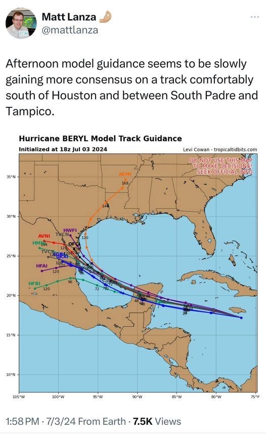 Beryl still near Cat 5, more of South Texas in the forecast cone