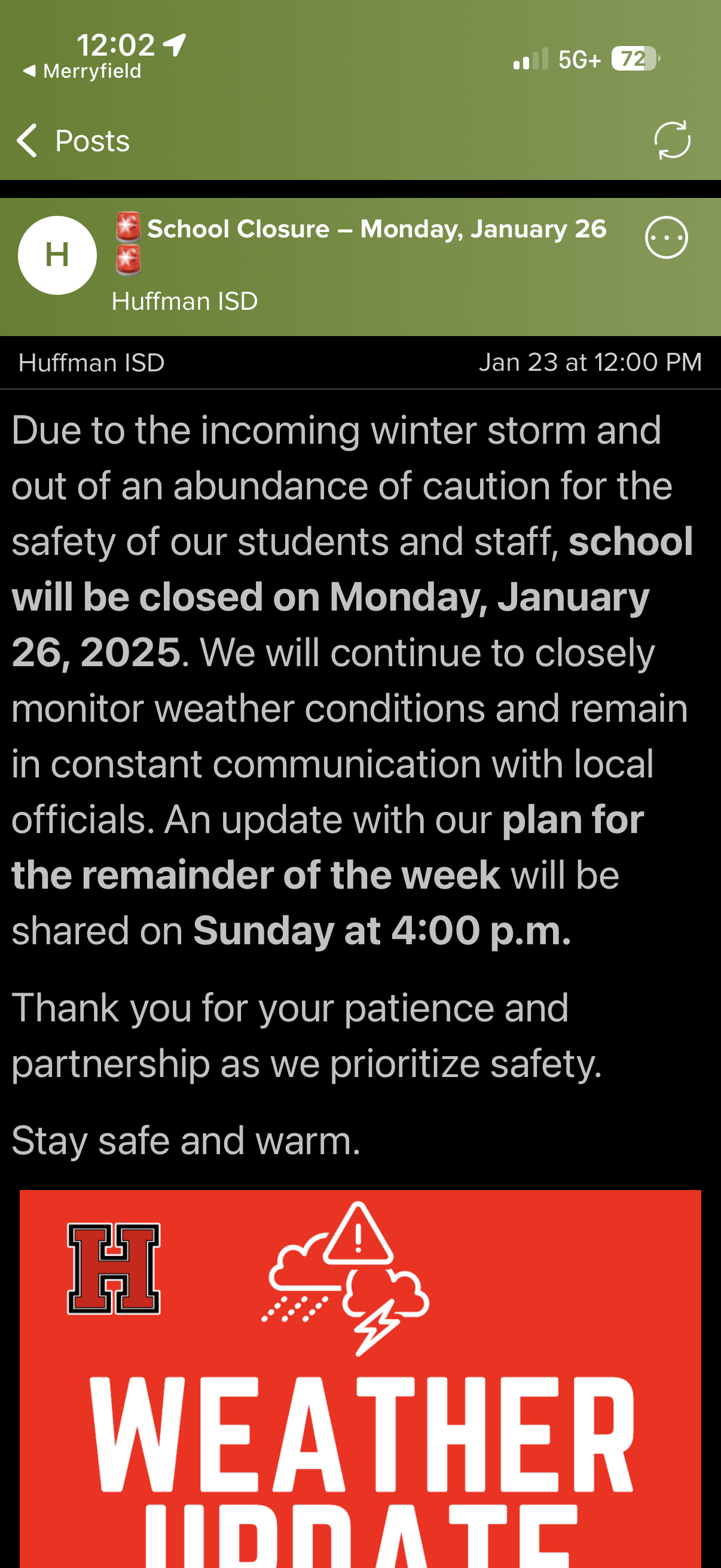 Huffman ISD closing Monday