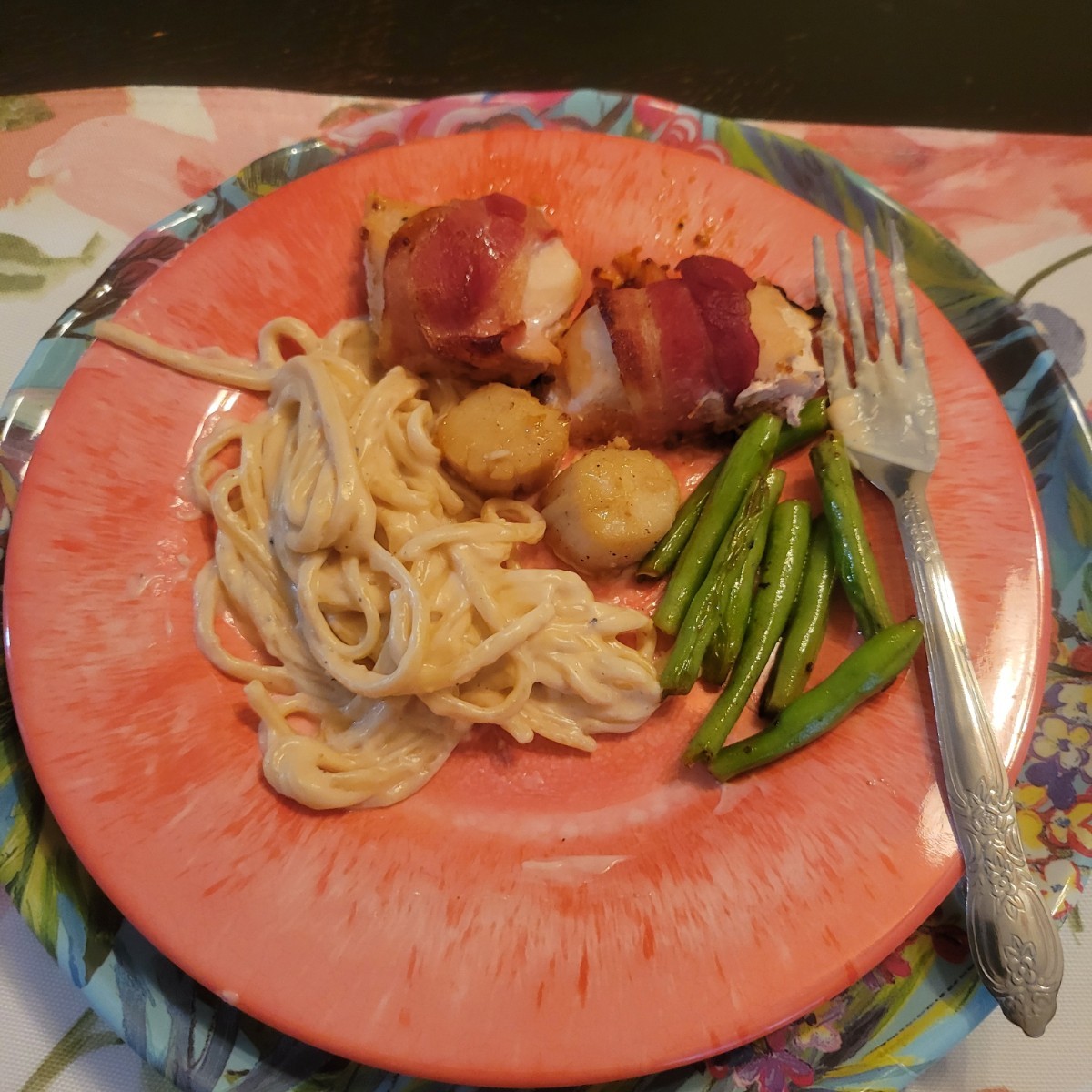 Tonight dinner is surf (scallops) and turf (chicken w bacon) sau