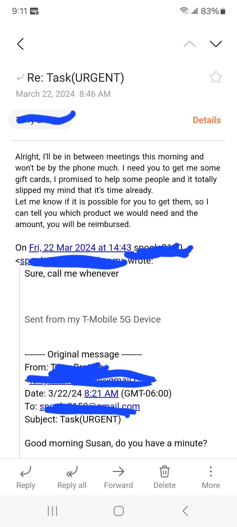 Wow new scam alert!!! Got an email w legit address from a very t