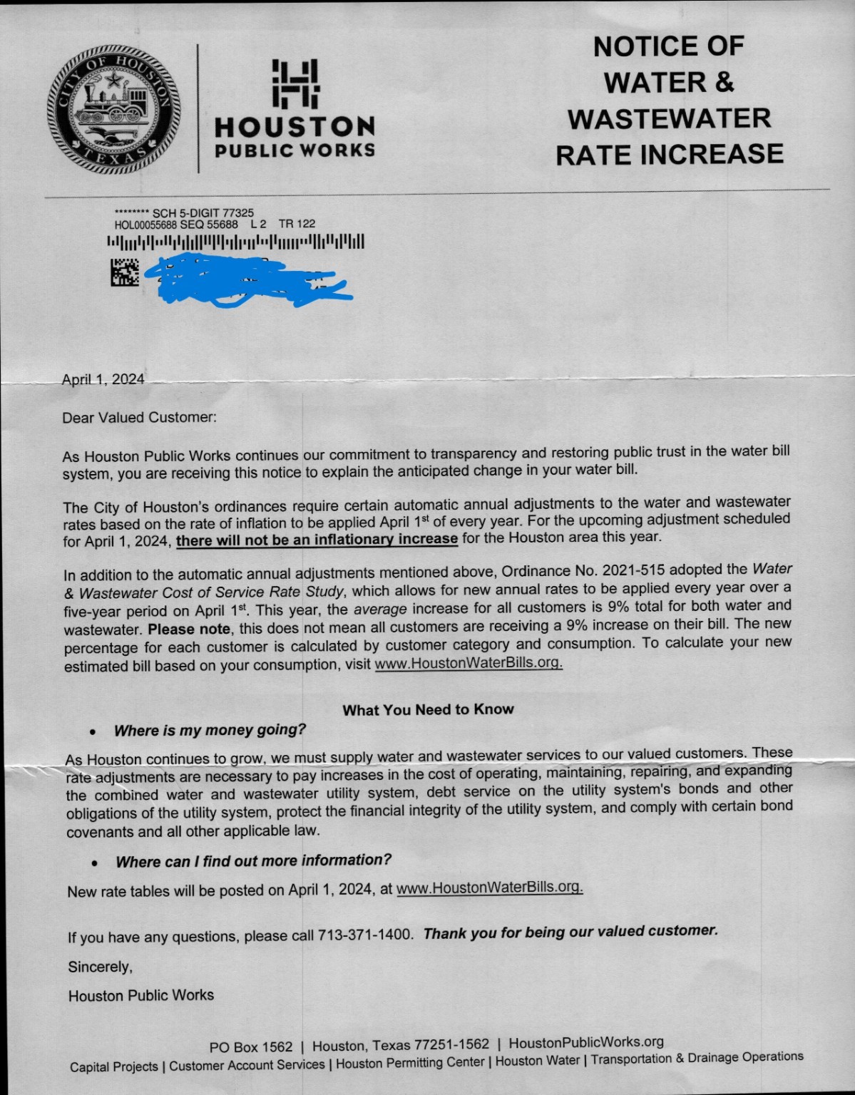 City of Houston Public Works letter is posted. Summary is a NINE
