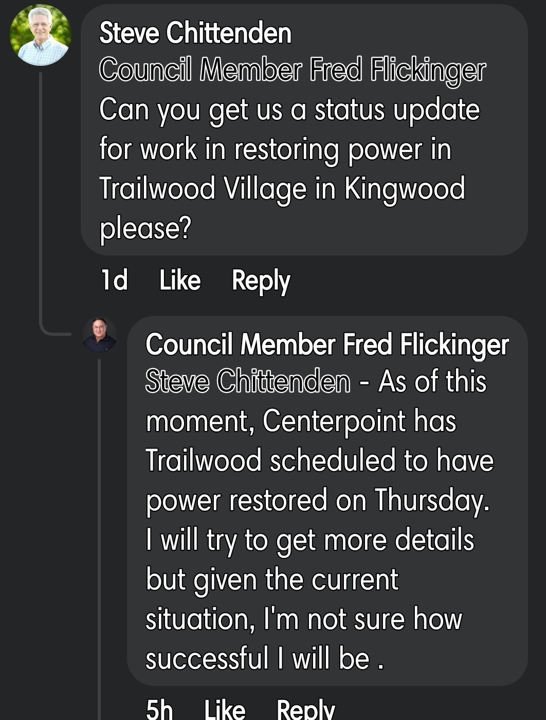 Update on Trailwood - from Fred Flickinger.