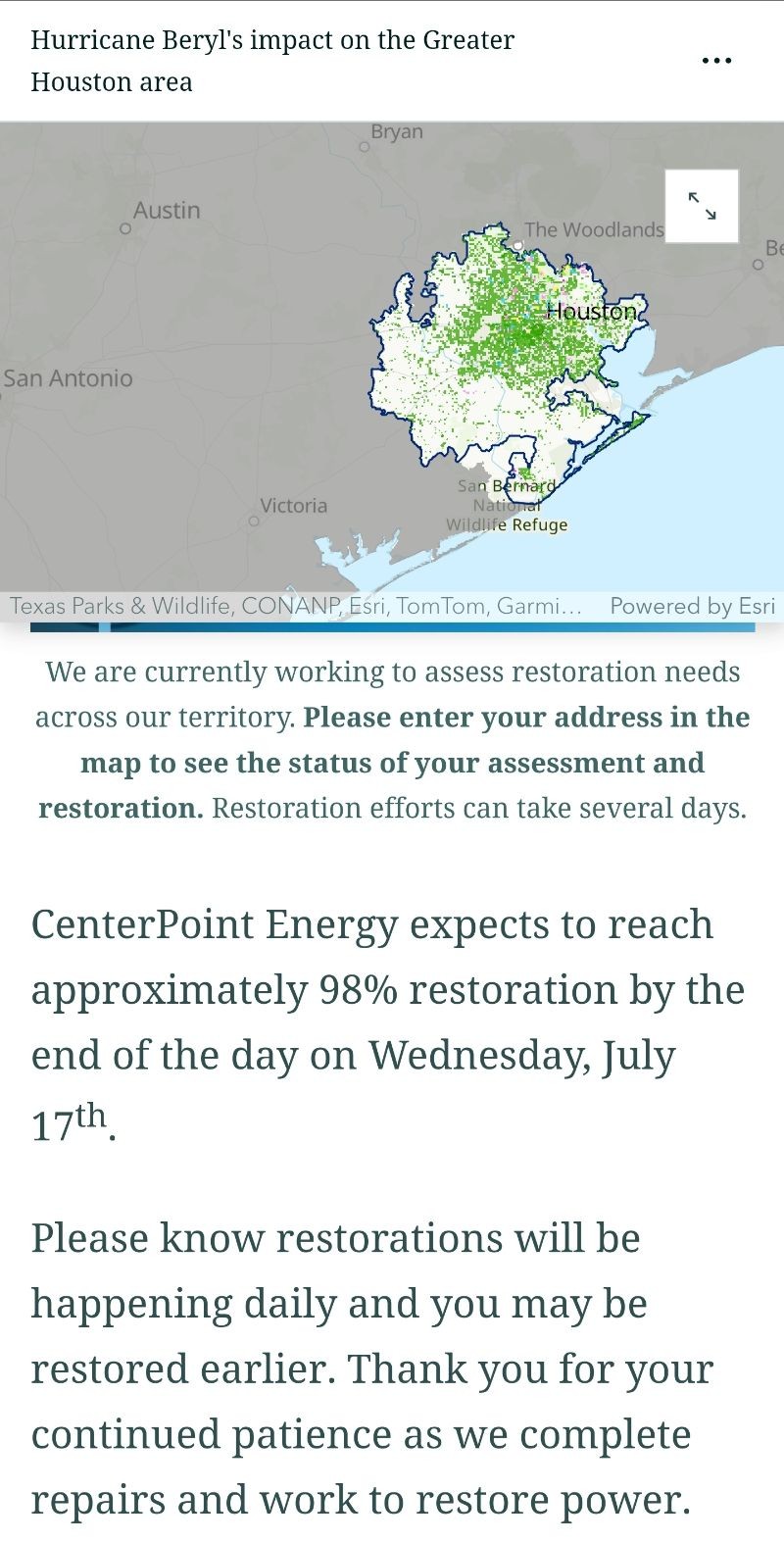 CenterPoint expects to reach approximately 98% restoration by th
