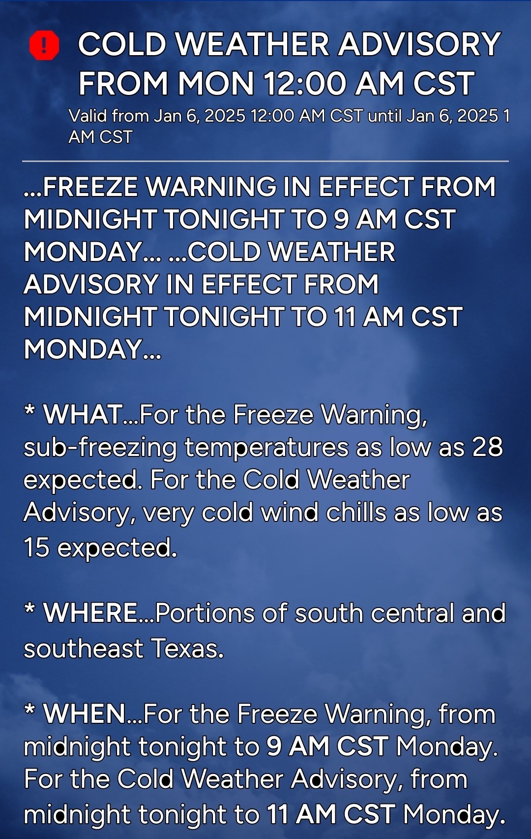 Cold weather watches/warnings