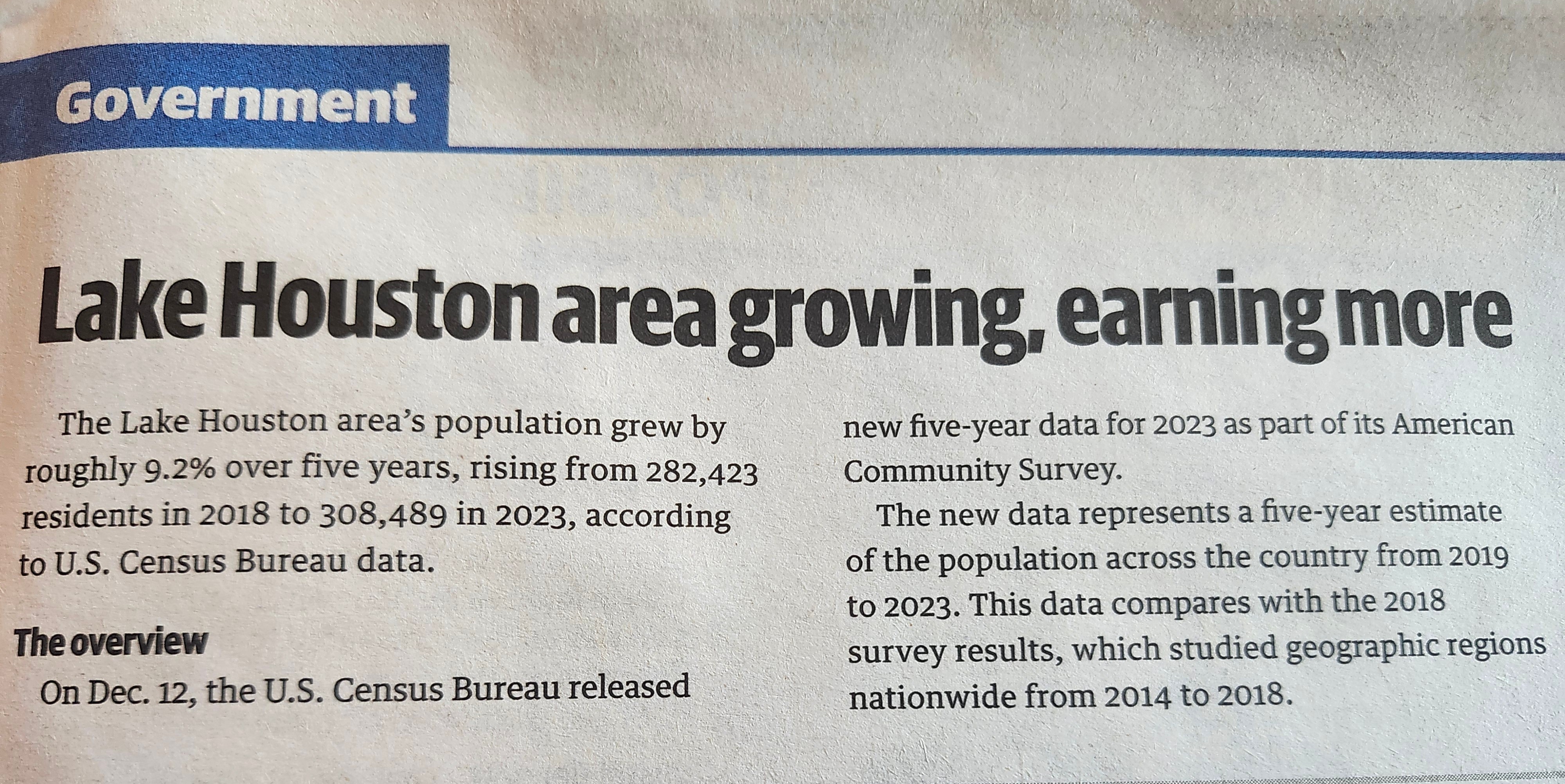 Lake Houston area's population grew by 9.2%