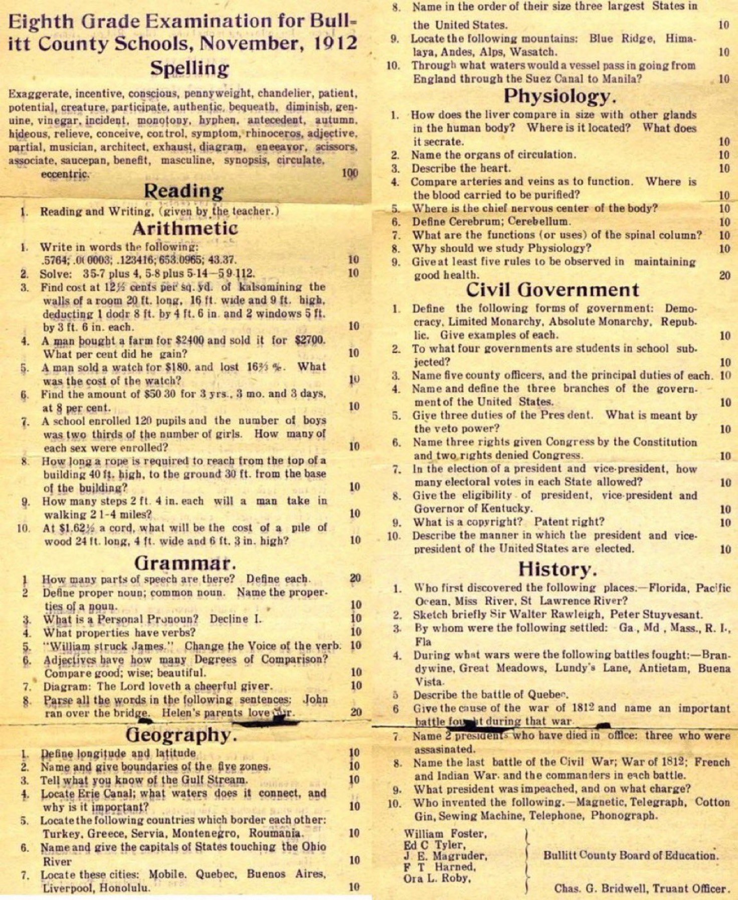 8th grade exam from 1912, rural Kentucky