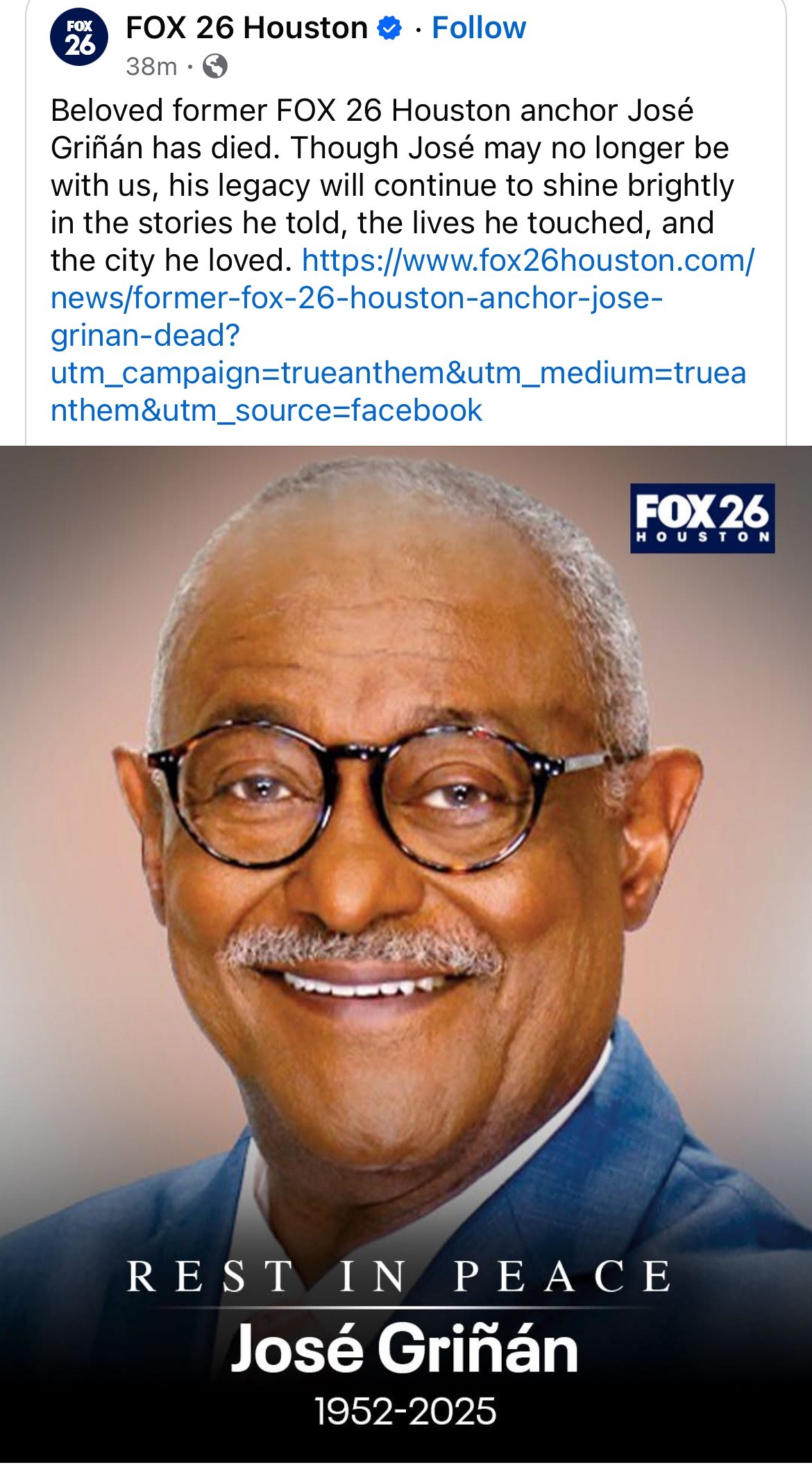 Jos Grinan, former Fox 26 anchor has passed!